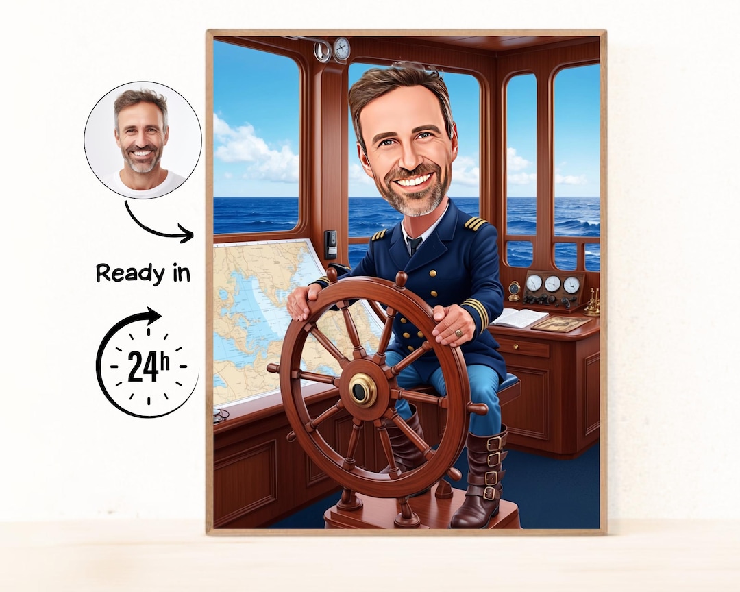 Ship Captain Portrait | Ship Captain Gift | Custom Ship Captain Caricature From Photo | Ship ...