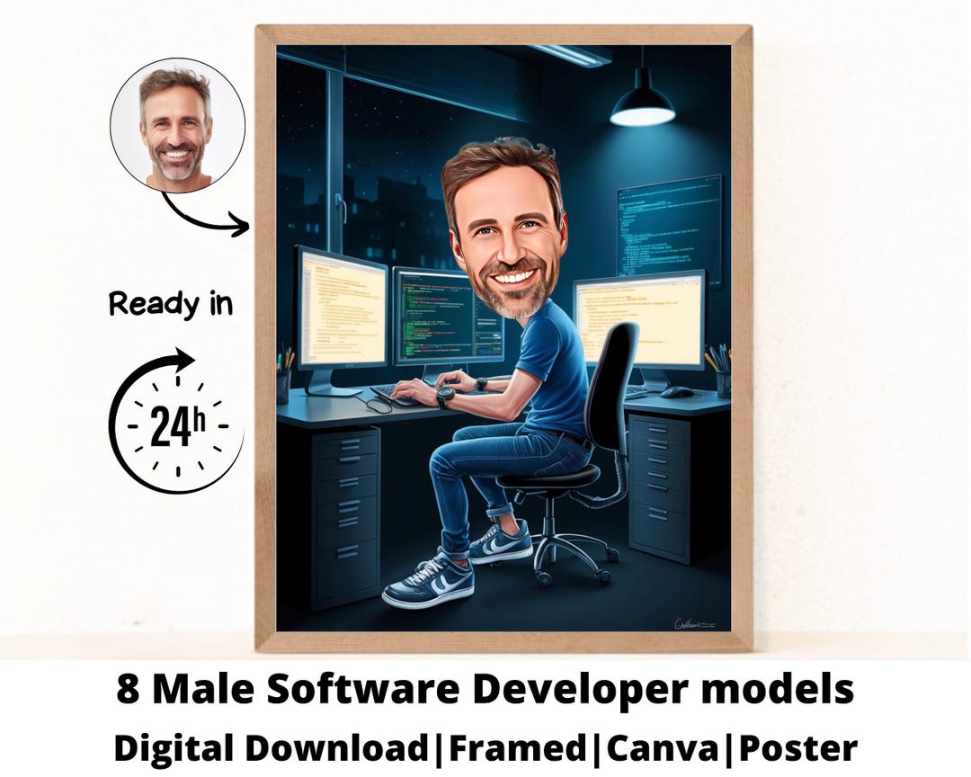 Software Developer Male Cartoon Portrait / Software Developer Gift ...