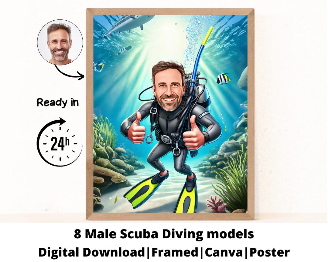 Scuba Diving Male Cartoon Portrait / Scuba Diving Gift / Custom Scuba ...