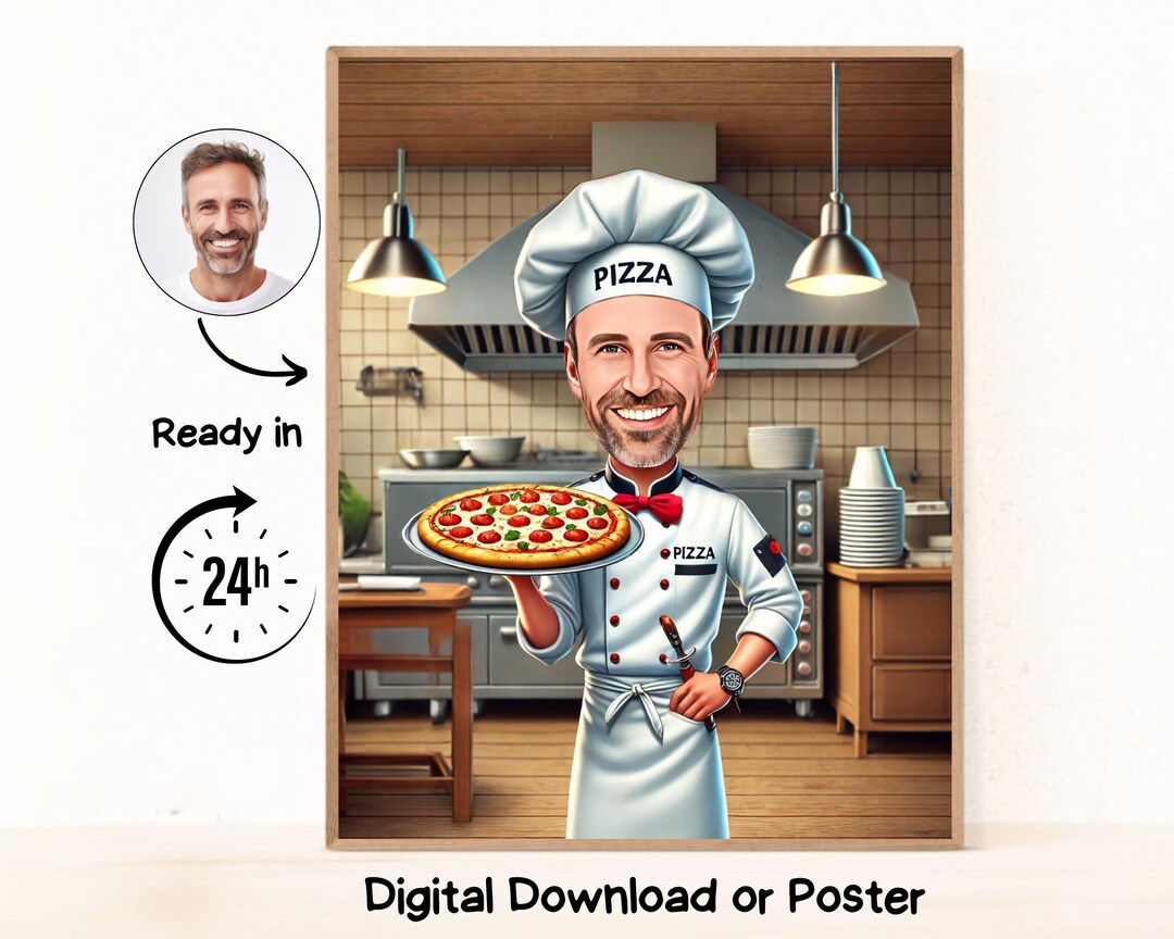 Custom Pizza Master Caricature, Chef Cartoon Portrait, Personalized ...