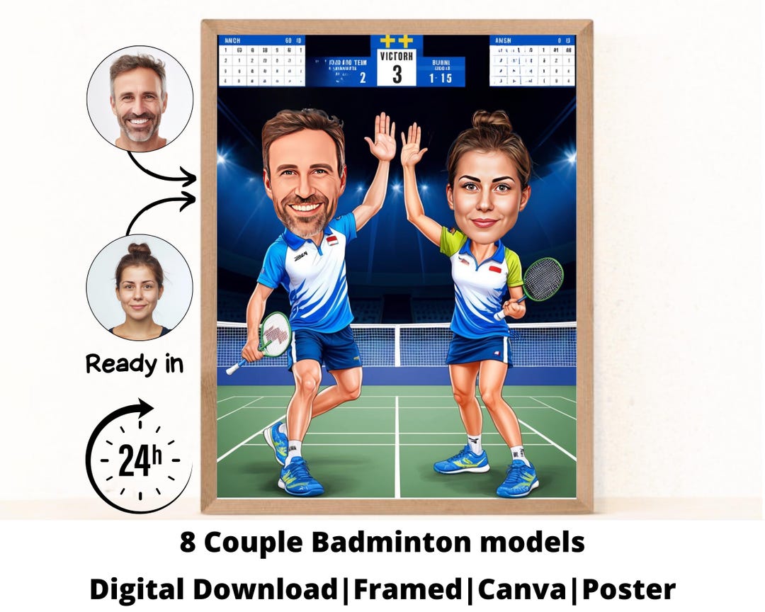 Badminton Couple Cartoon Portrait / Badminton Gift / Custom Badminton ...