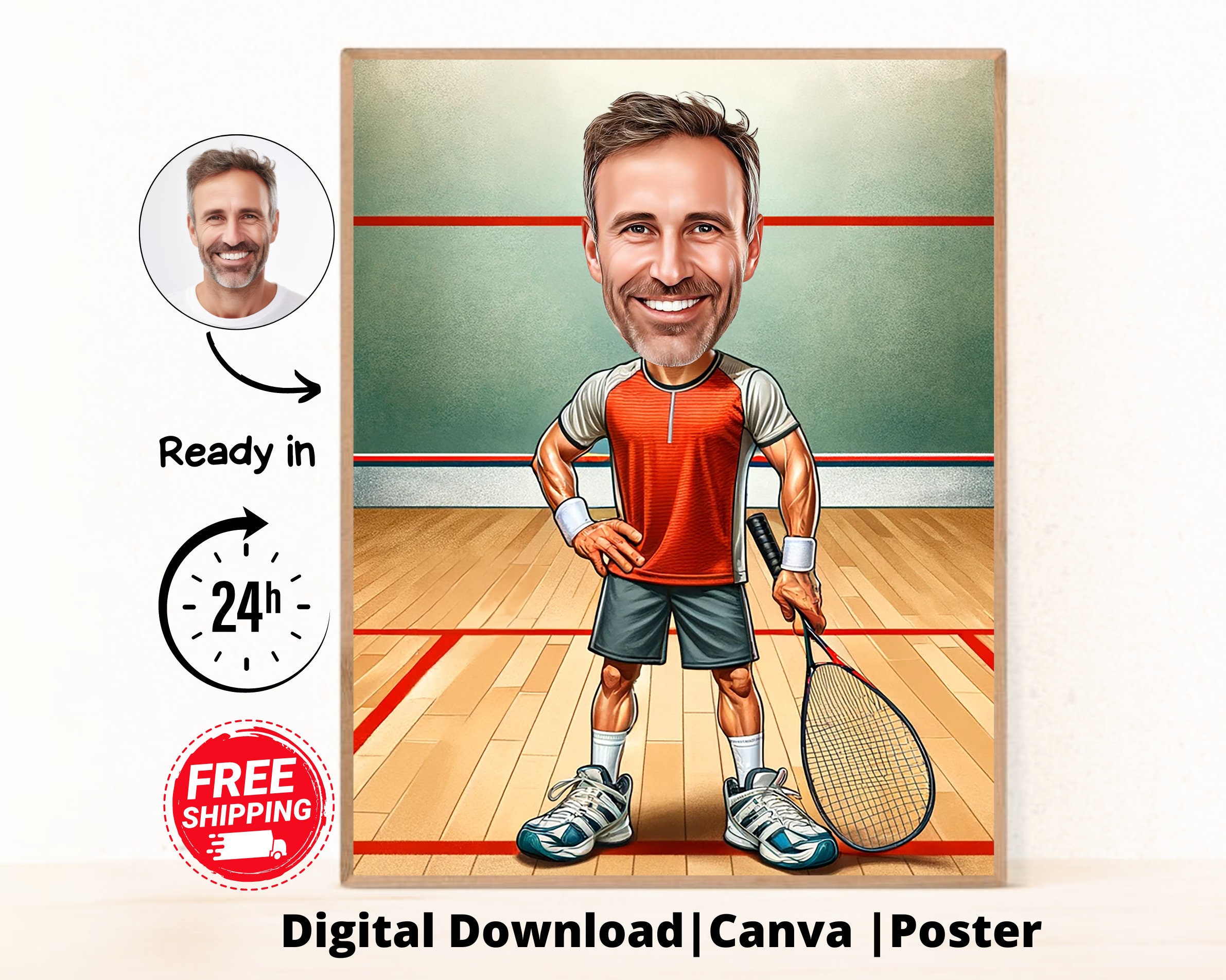 Squash Player Gift Custom Caricature Portrait From Your Photo,squash Sport, Gift for Squash ...