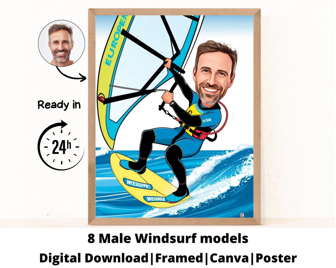 Windsurf Male Cartoon Portrait / Windsurf Gift / Custom Windsurf ...