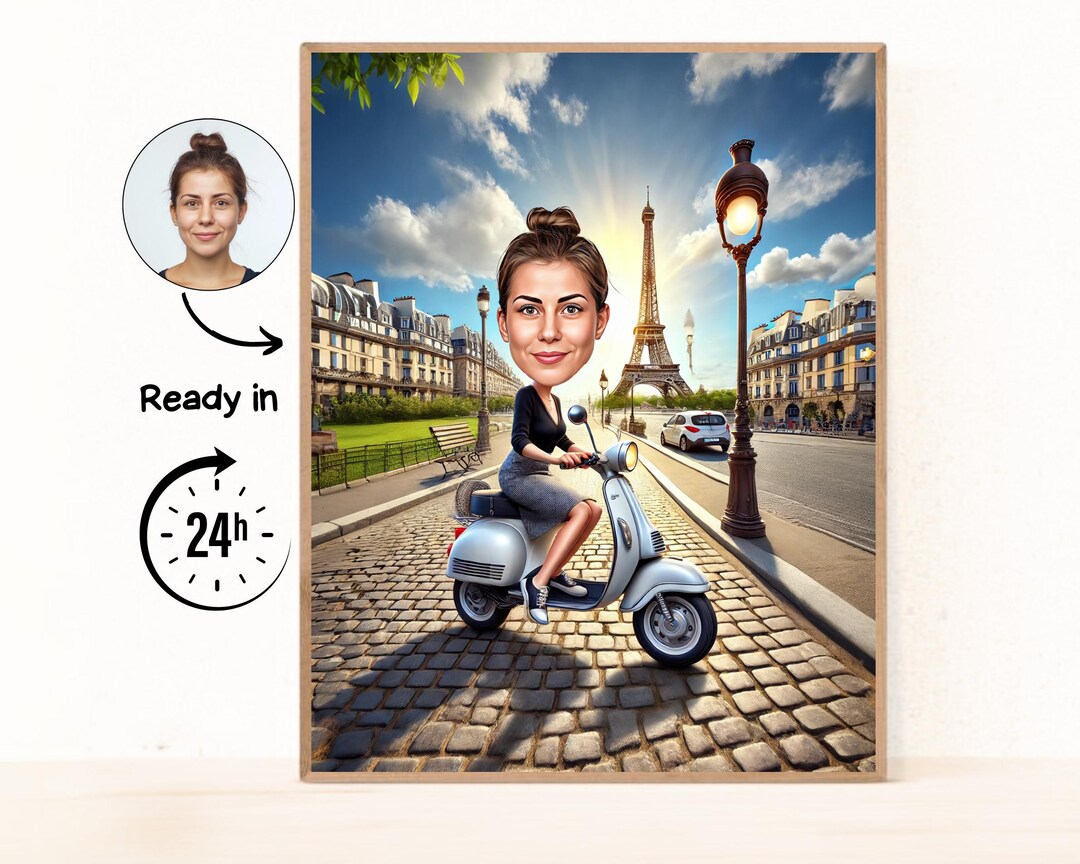 Personalised Scooter Cartoon Portrait, Custom Vespa Caricature Drawing ...