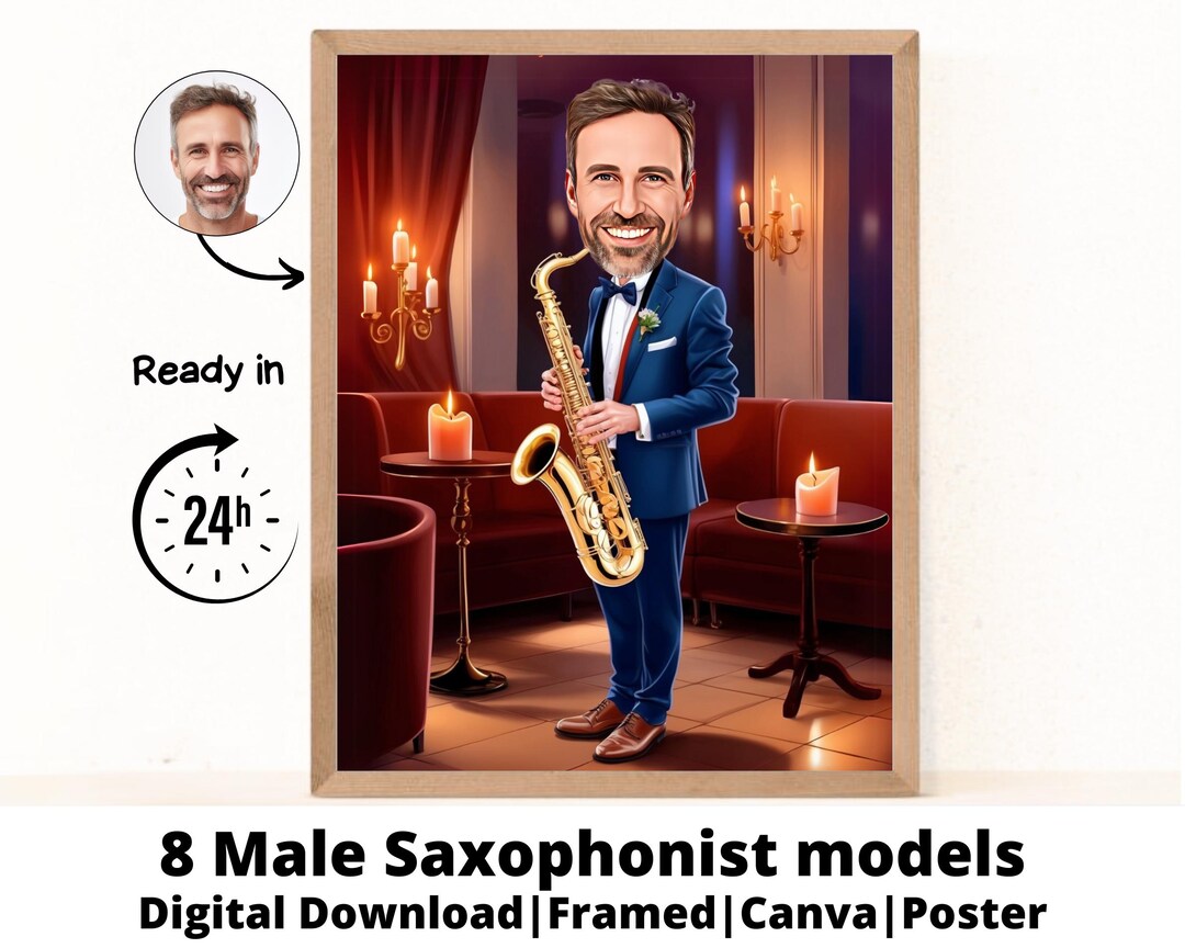 Saxophonist Male Cartoon Portrait / Saxophonist Gift / Custom ...