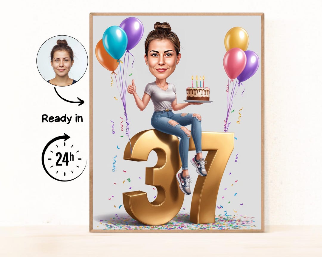 37th Birthday Cartoon Portrait 37th Birthday Gift Invitation 37th ...