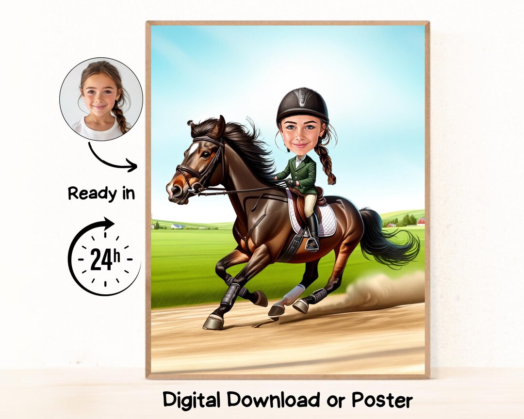 Personalised Dressage Cartoon Portrait, Custom Horse Rider Caricature ...