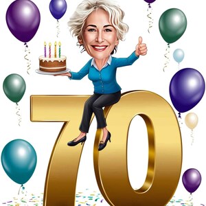 Custom 70th Woman Cartoon Portrait, 70th Birthday Caricature, Birthday ...