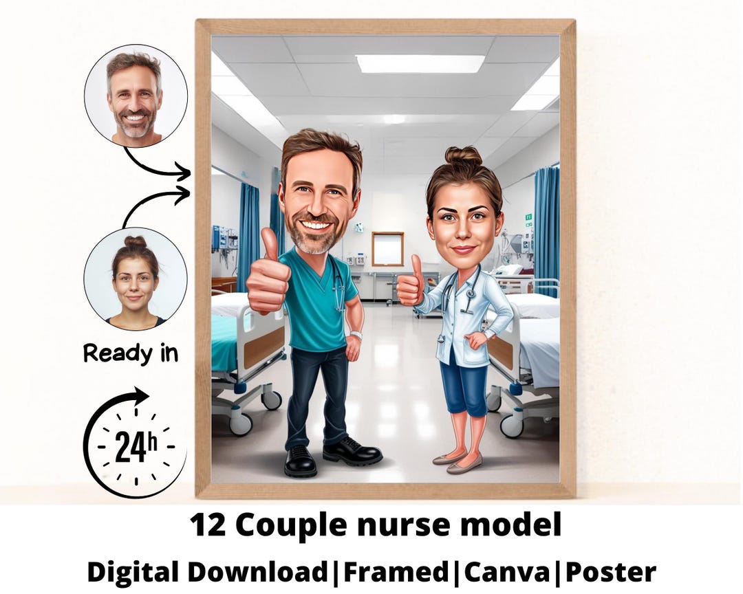 Nurse Couple Cartoon Portrait | Nurse Gift | Custom Nurse Caricature ...