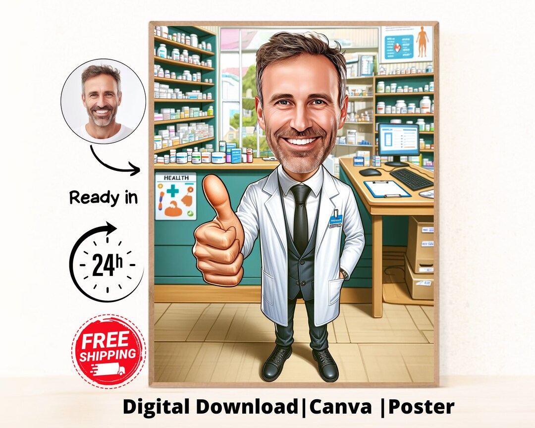 Custom Male Pharmacist Cartoon Portrait, Pharmacist Portrait, Gift for ...