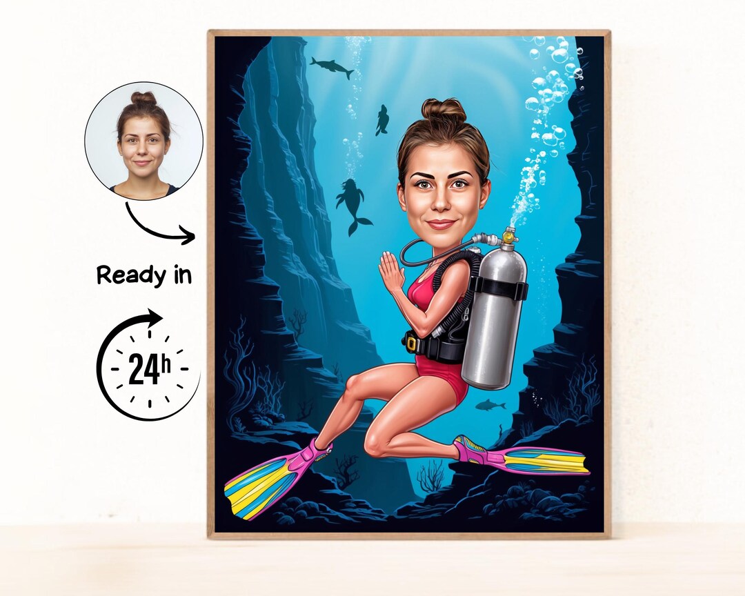 Scuba Diving Cartoon Portrait | Scuba Diving Gift | Custom Scuba Diving ...