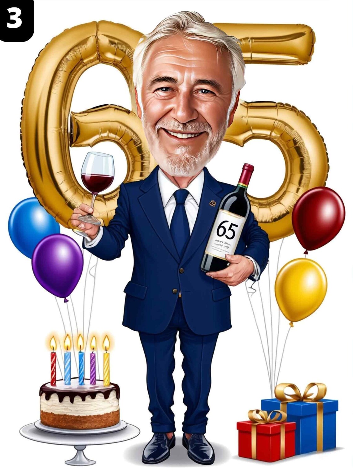 Custom 65th Man Cartoon Portrait, 65th Birthday Caricature, Birthday ...