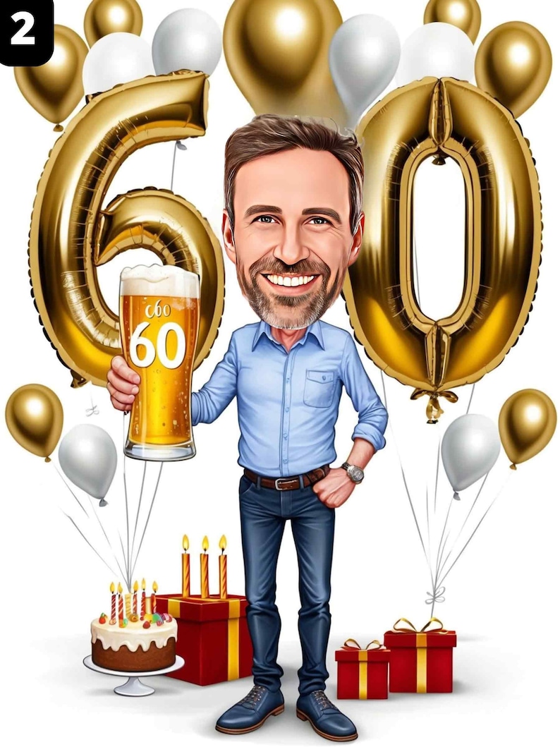 Custom 60th Man Cartoon Portrait, 60th Birthday Caricature, Birthday ...