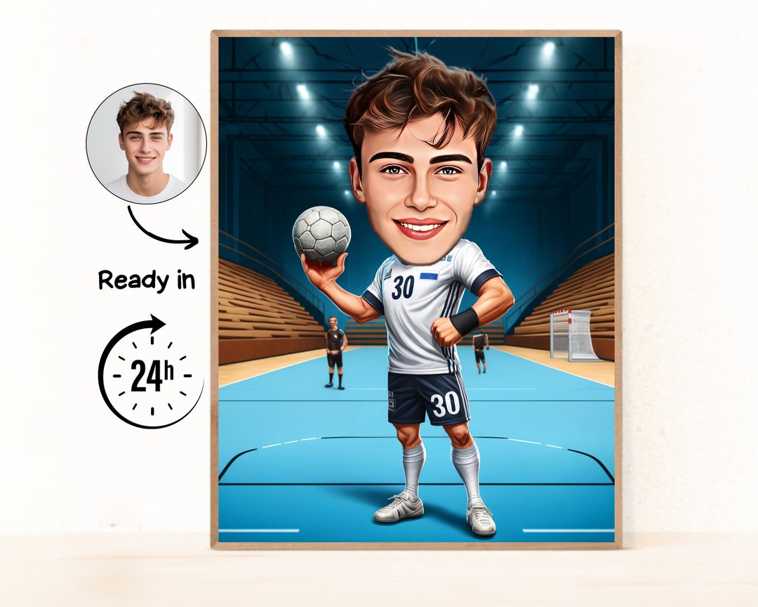 Personalised Handballspiel Cartoon Portrait, Custom Handball Caricature ...