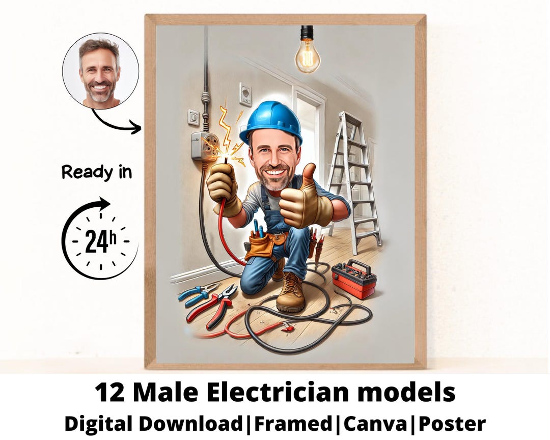 Electrician Male Cartoon Portrait / Electrician Gift / Custom ...