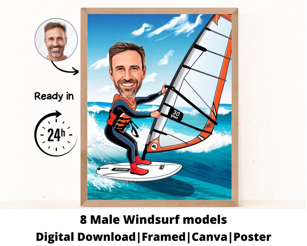 Windsurf Male Cartoon Portrait / Windsurf Gift / Custom Windsurf ...