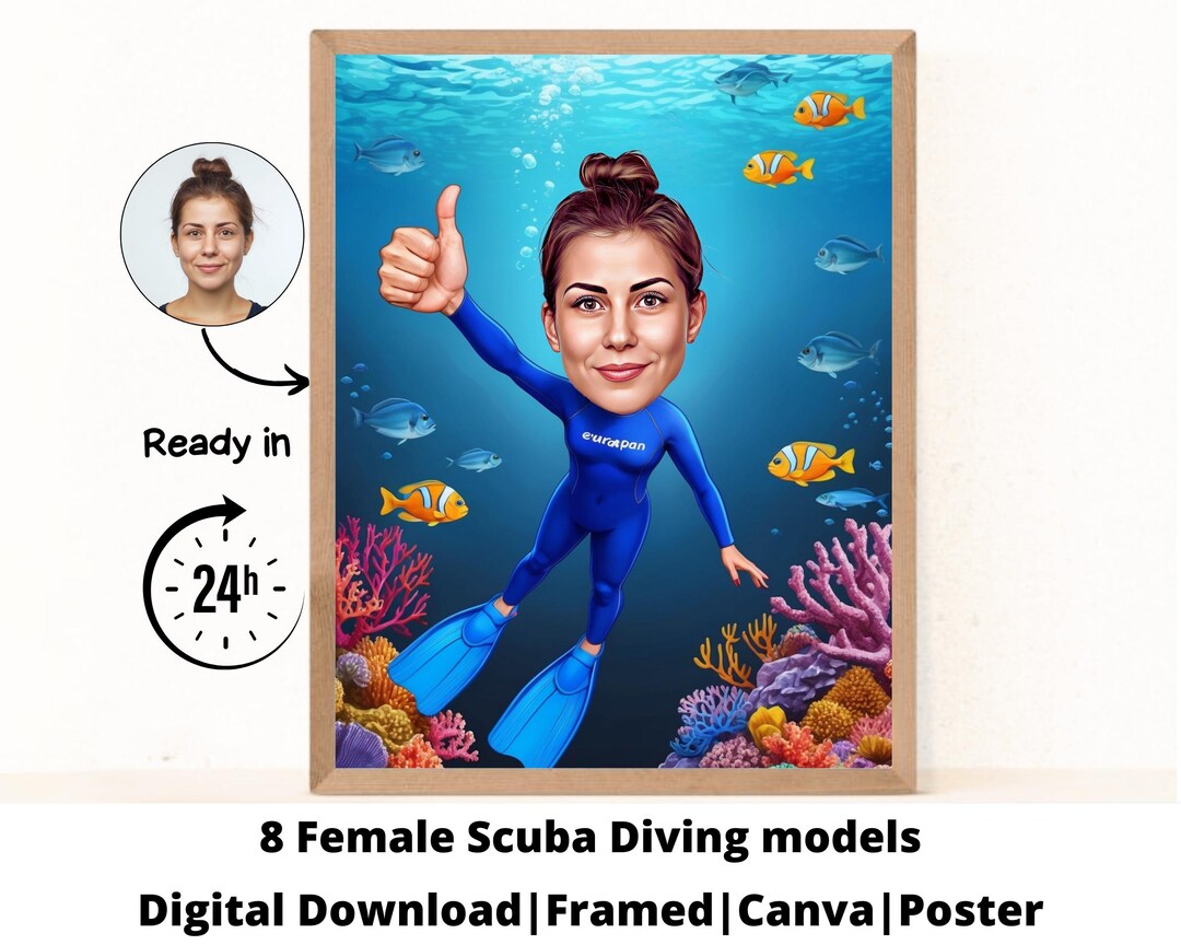 Scuba Diving Female Cartoon Portrait / Scuba Diving Gift / Custom Scuba ...