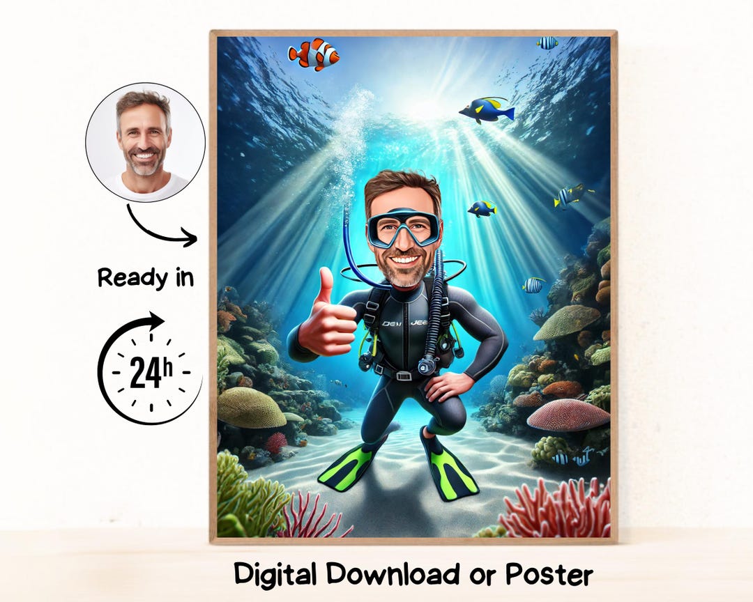 Scuba Diver Gift - Custom Caricature Portrait From Your Photo, Scuba ...