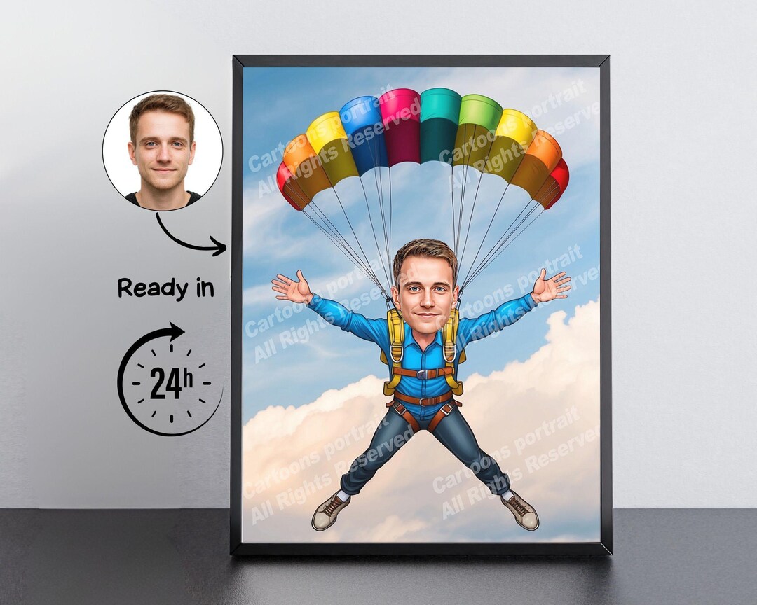 Skydiving Gift – Custom Caricature Portrait From Your Photo / Skydiver ...