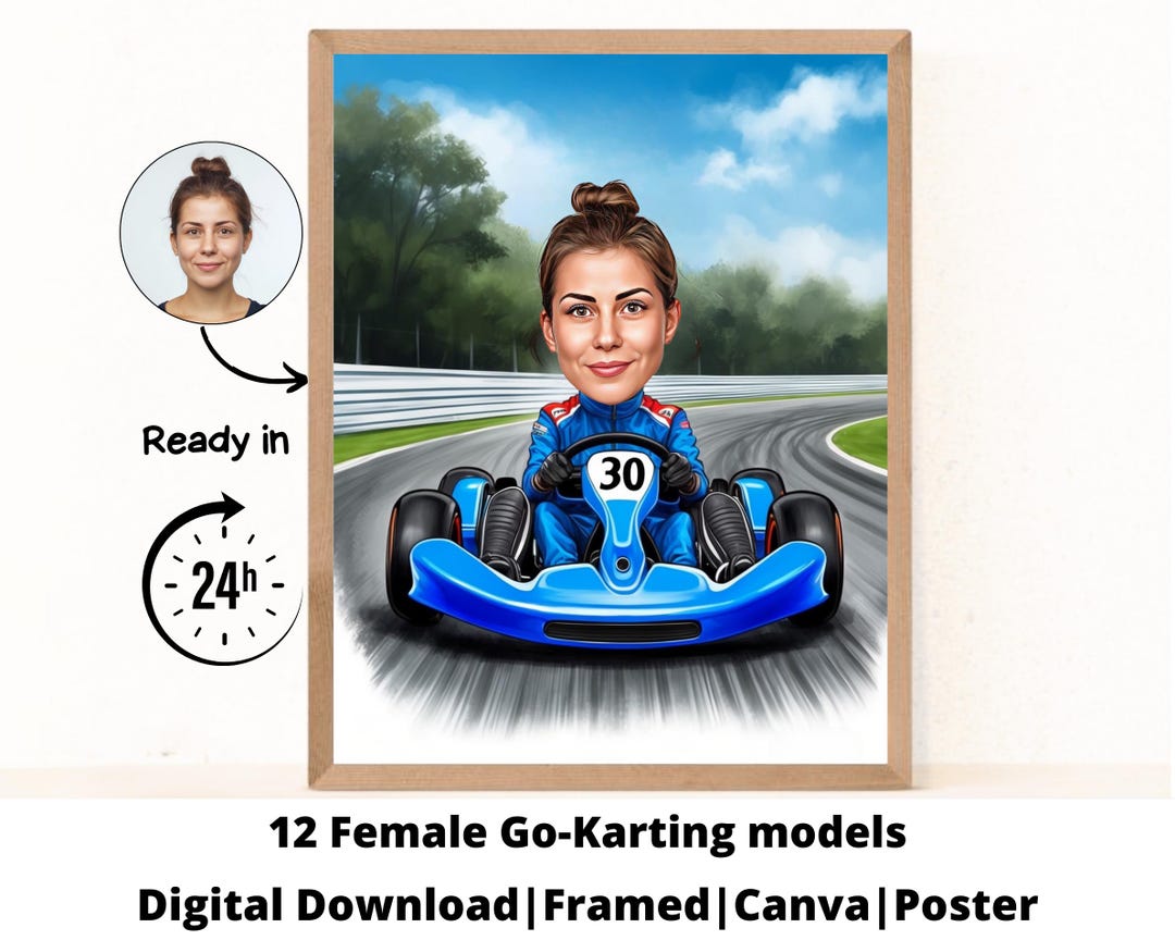 Go-karting Female Cartoon Portrait / Go-karting Gift / Custom Go-karting Caricature / Go-karting ...