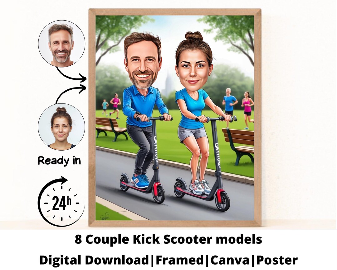Kick Scooter Couple Cartoon Portrait / Kick Scooter Gift / Custom Kick ...
