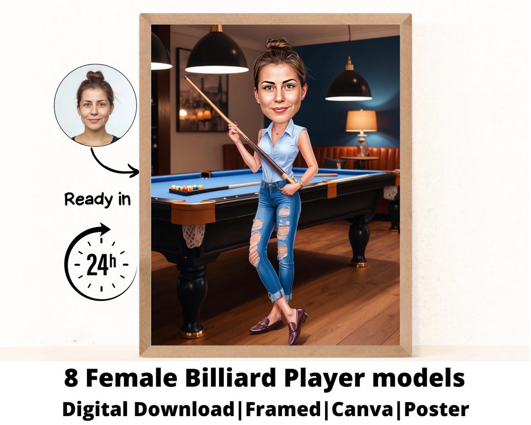 Billiard Player Female Cartoon Portrait / Billiard Player Gift / Custom ...