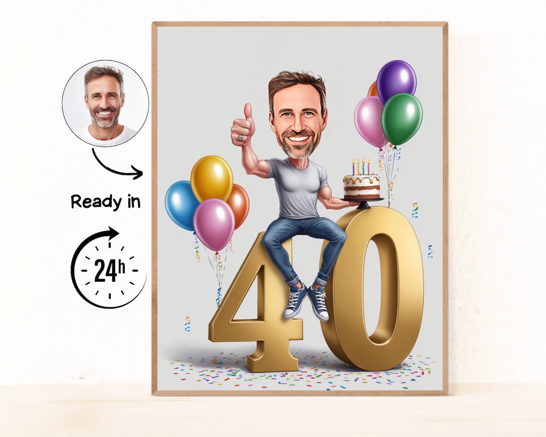 40th Birthday Cartoon Portrait 40th Birthday Gift Invitation 40th ...