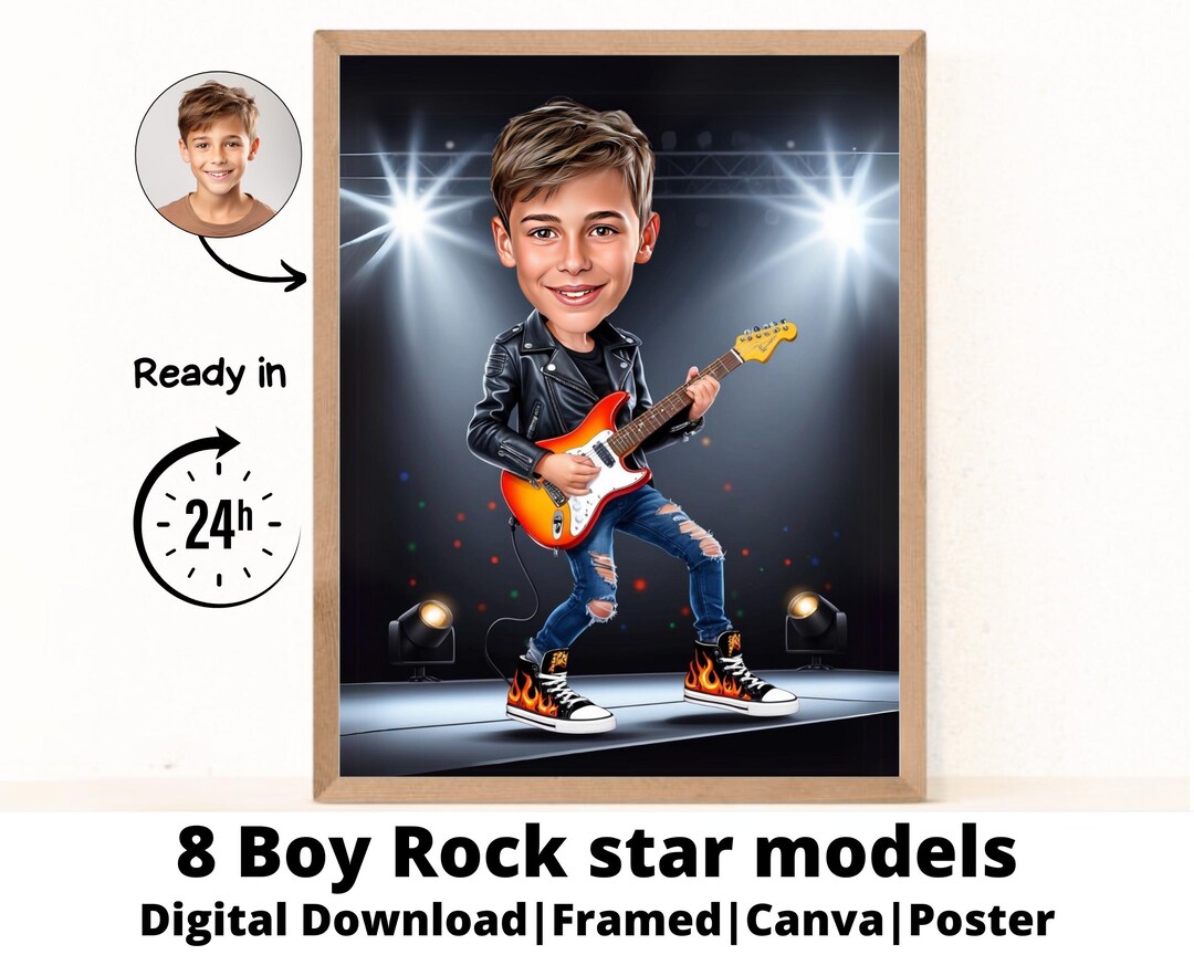 Rock Star Boy Cartoon Portrait / Rock Star Son Gift / Rock Star Nephew ...
