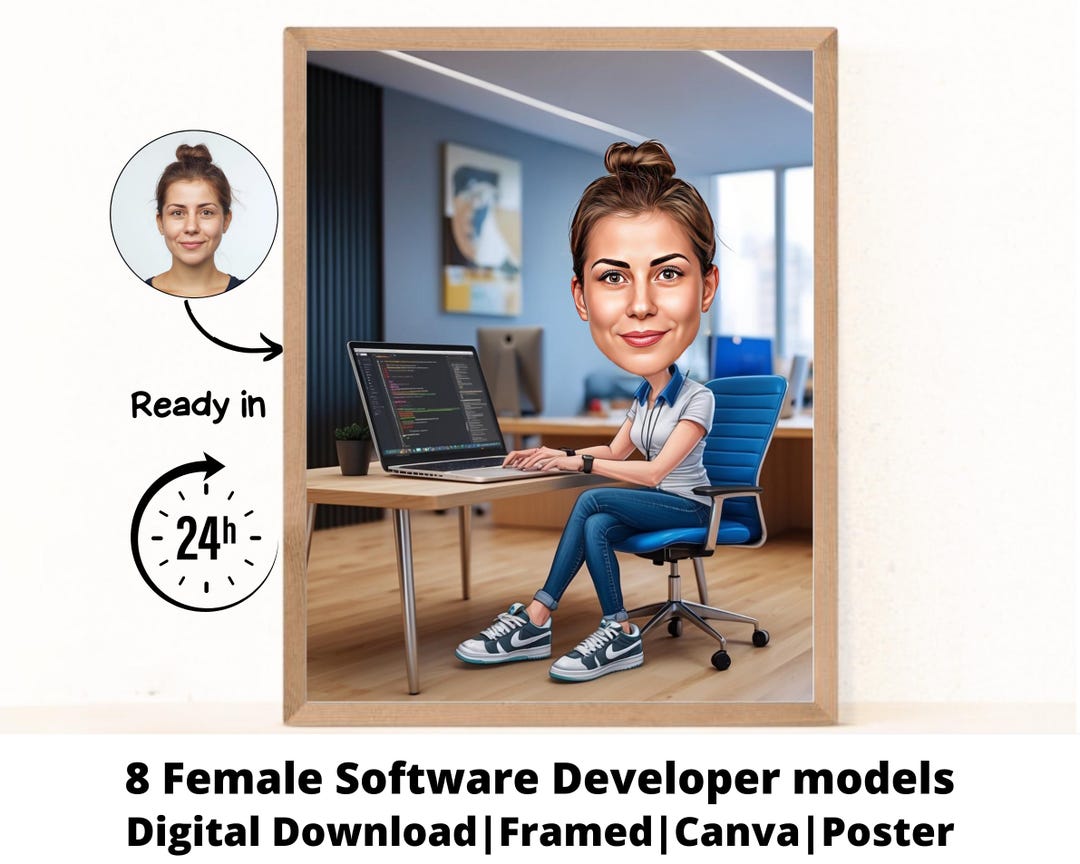 Software Developer Female Cartoon Portrait / Software Developer Gift ...