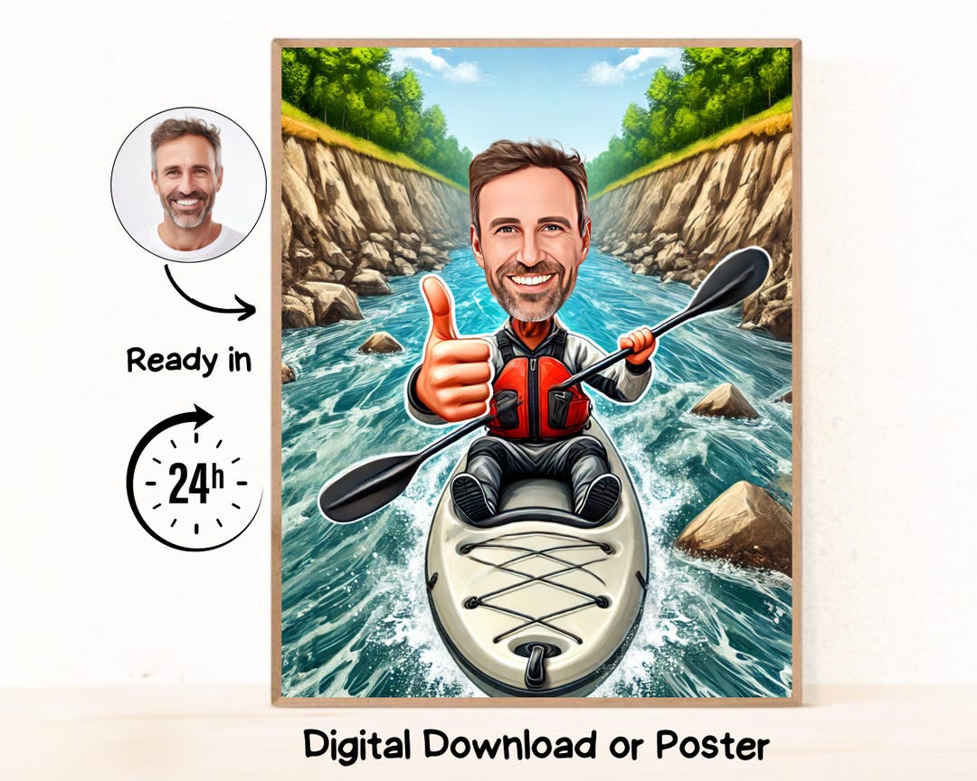 Custom Kayaker Cartoon Portrait Drawing From Photo, Kayaker Caricature ...