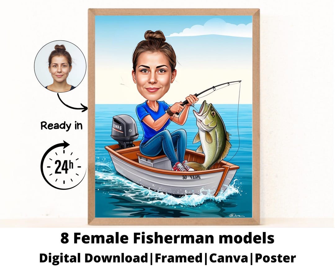 Fisherman Female Cartoon Portrait / Fisherman Gift / Custom Fisherman ...