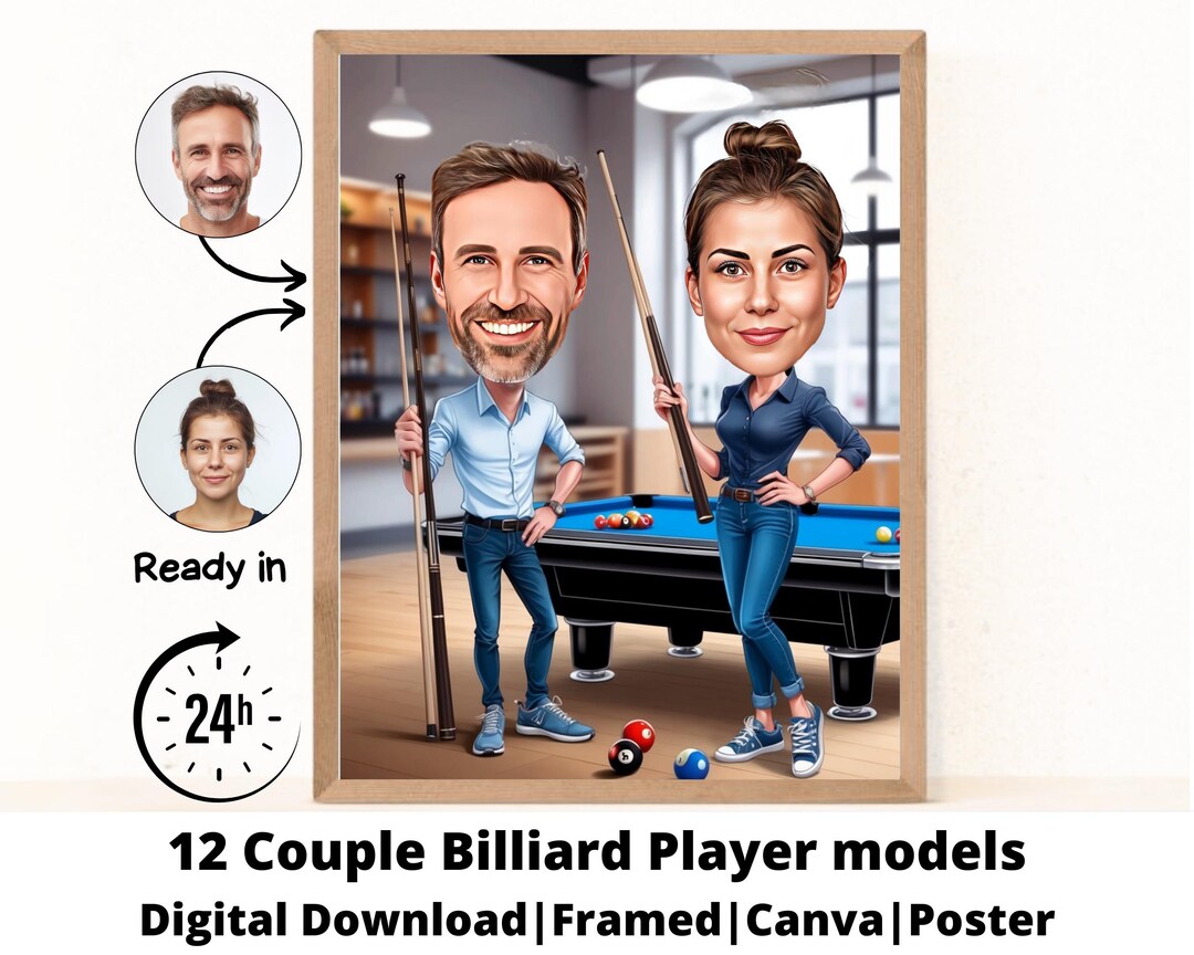Billiard Player Couple Cartoon Portrait / Billiard Player Gift / Custom ...