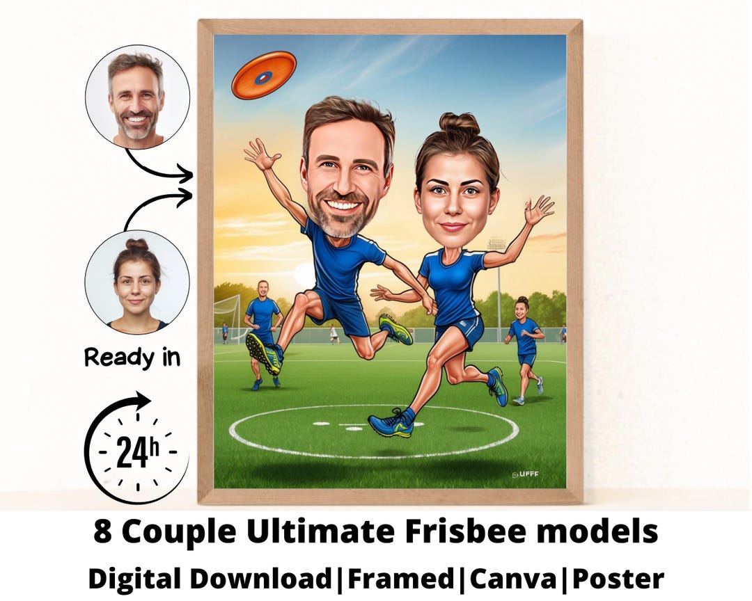 Ultimate Frisbee Couple Cartoon Portrait / Ultimate Frisbee Gift ...