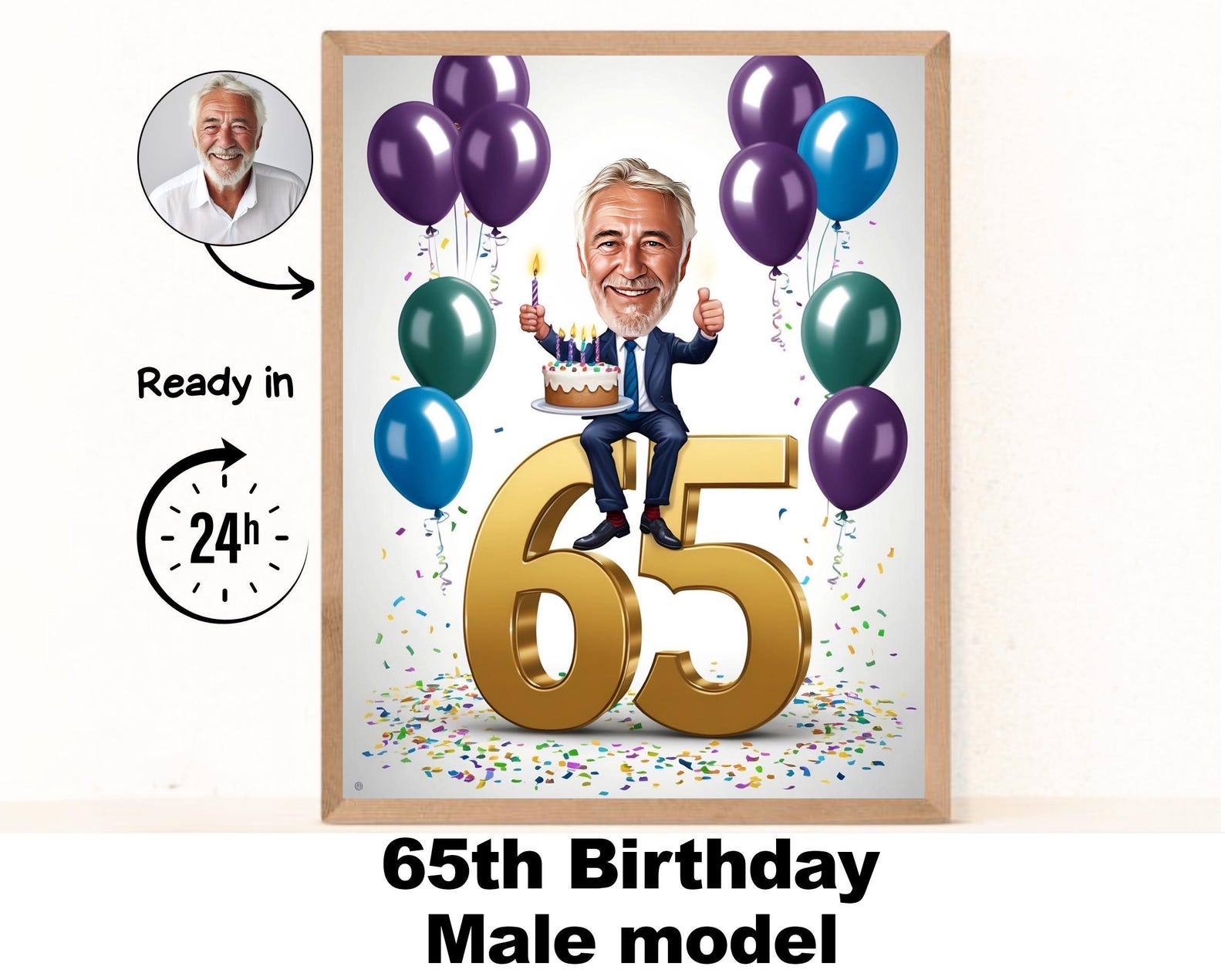 Custom 65th Man Cartoon Portrait, 65th Birthday Caricature, Birthday ...