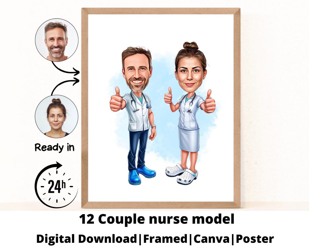 Nurse Couple Cartoon Portrait | Nurse Gift | Custom Nurse Caricature ...