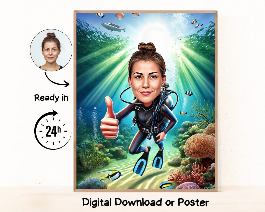 Scuba Diver Gift Custom Caricature Portrait From Your Photo, Scuba ...