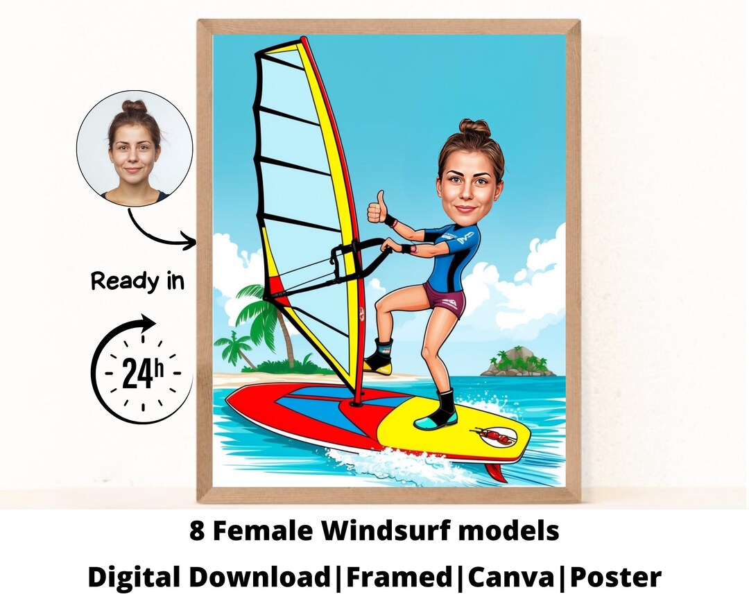 Windsurf Female Cartoon Portrait / Windsurf Gift / Custom Windsurf ...