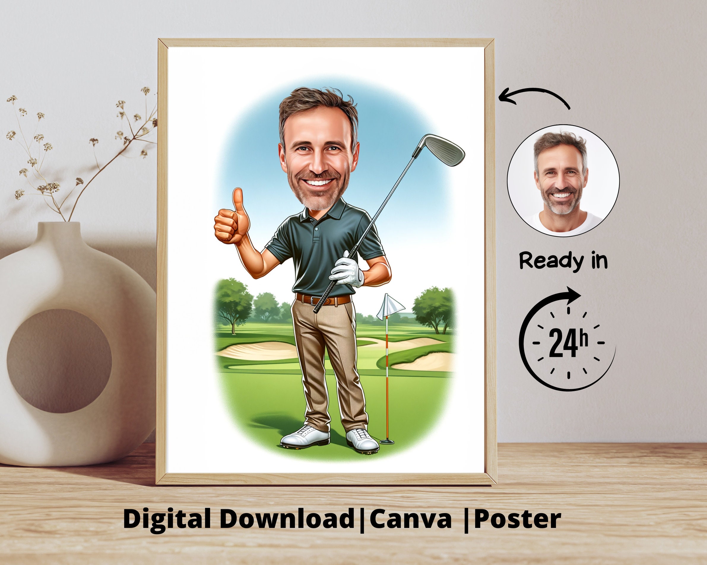 Golfer Gift Custom Caricature Portrait From Your Photo , Golf Player ...