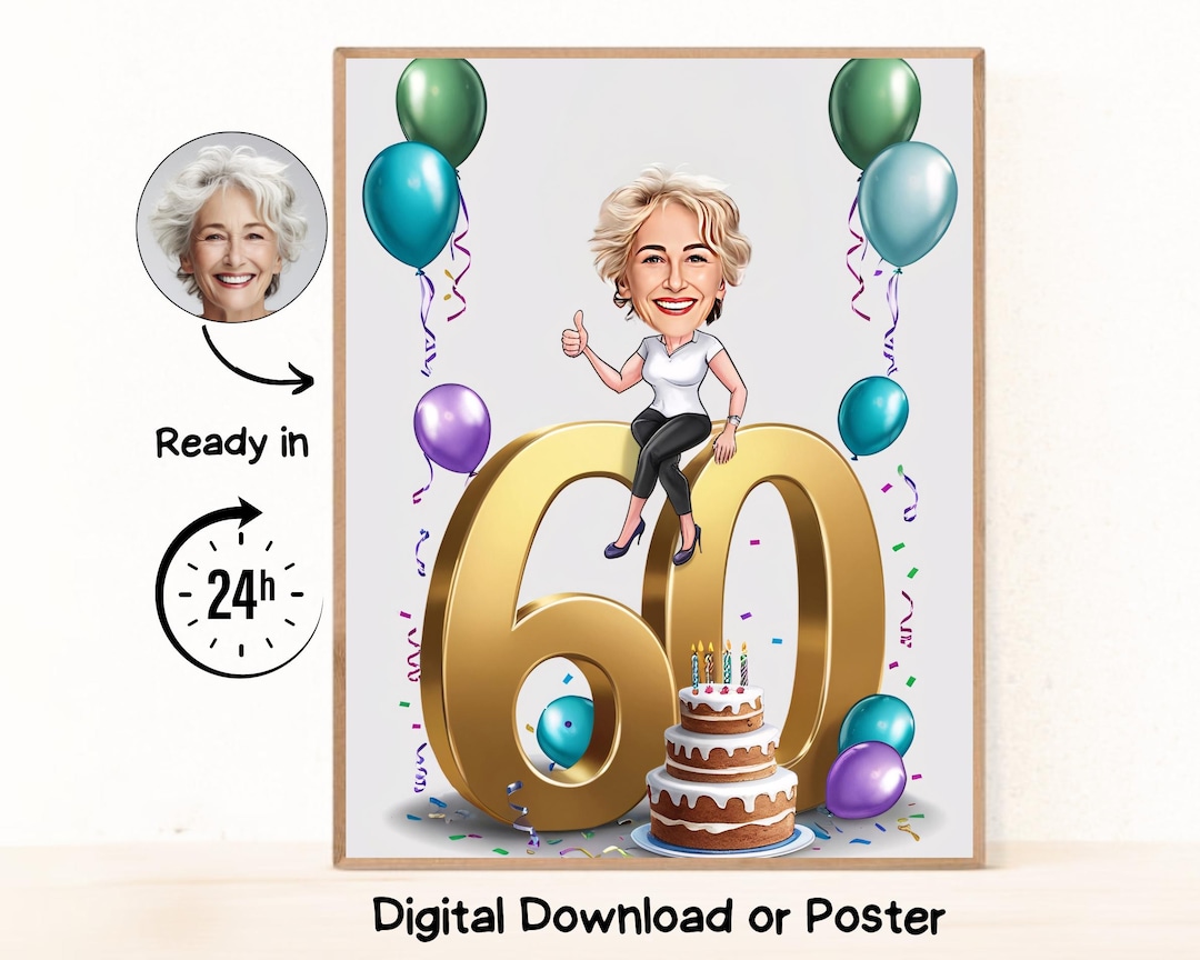 Personalised 60th Cartoon Portrait, Custom Happy Birthday Caricature ...
