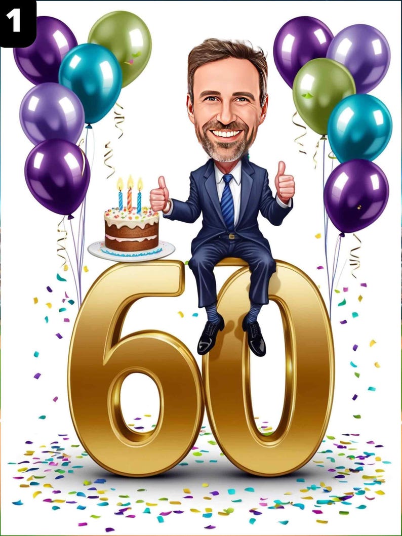Custom 60th Man Cartoon Portrait, 60th Birthday Caricature, Birthday ...