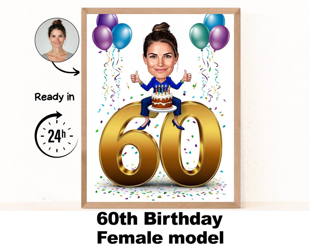 Custom 60th Woman Cartoon Portrait, 60th Birthday Caricature, Birthday ...
