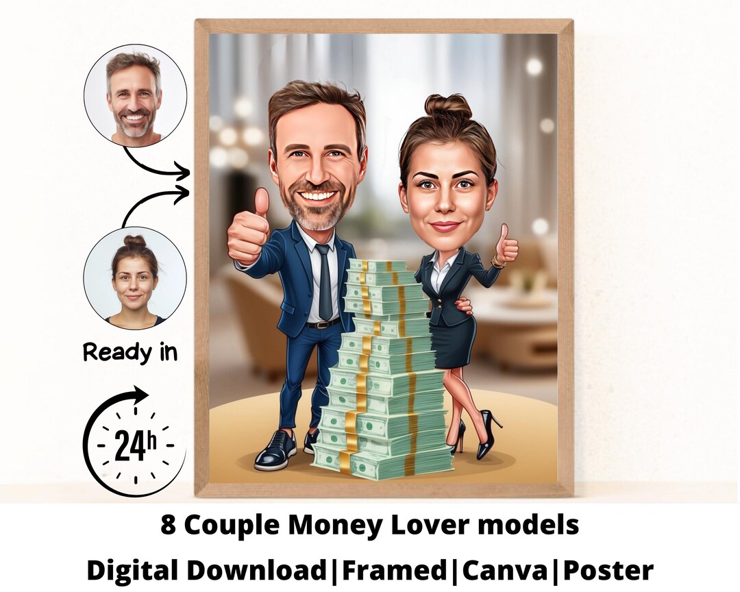 Money Lover Couple Cartoon Portrait / Money Lover Gift / Custom Money ...