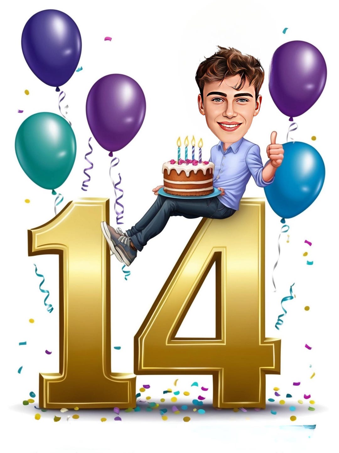 Custom 14th Boy Cartoon Portrait, 14th Birthday Caricature, Birthday ...
