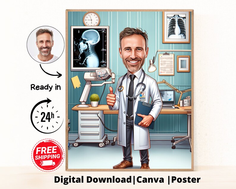 Radiologist Cartoon Portrait Drawing From Photo, Radiologist Gift for ...