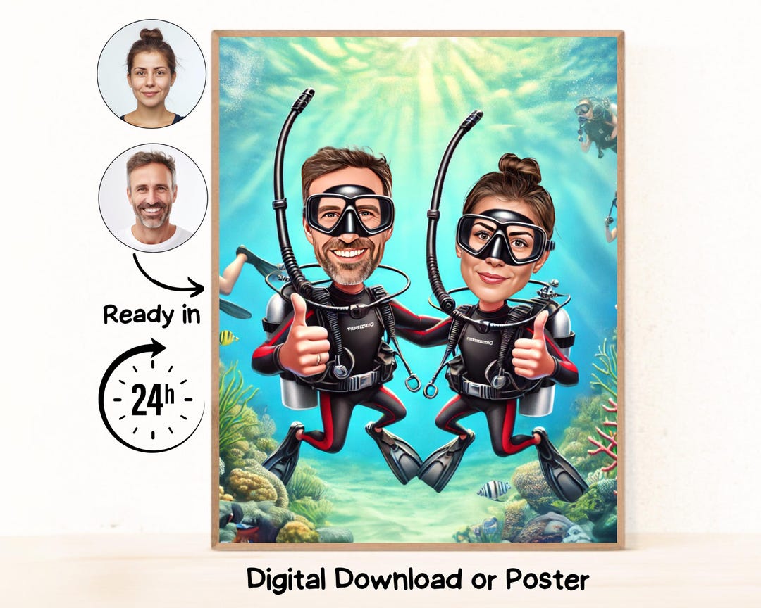 Scuba Diver Gift Custom Caricature Portrait From Your Photo, Scuba ...