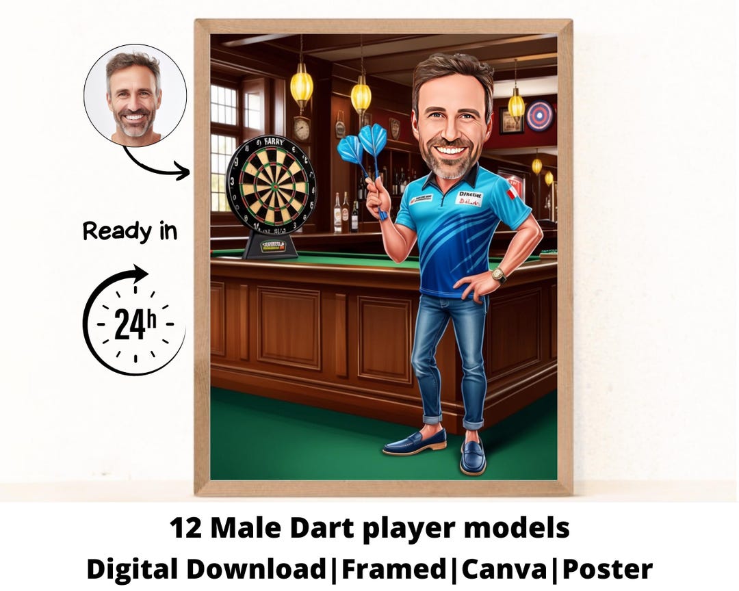 Dart Player Male Cartoon Portrait / Dart Player Gift / Custom Dart ...