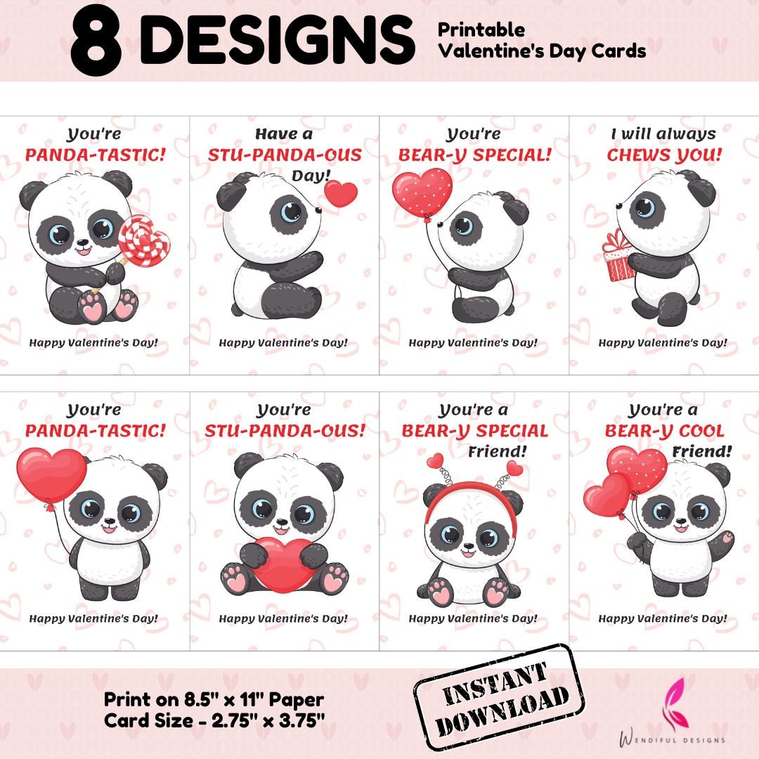 Panda Valentine Cards - Printable - Instant Download - Kids Valentine's ...