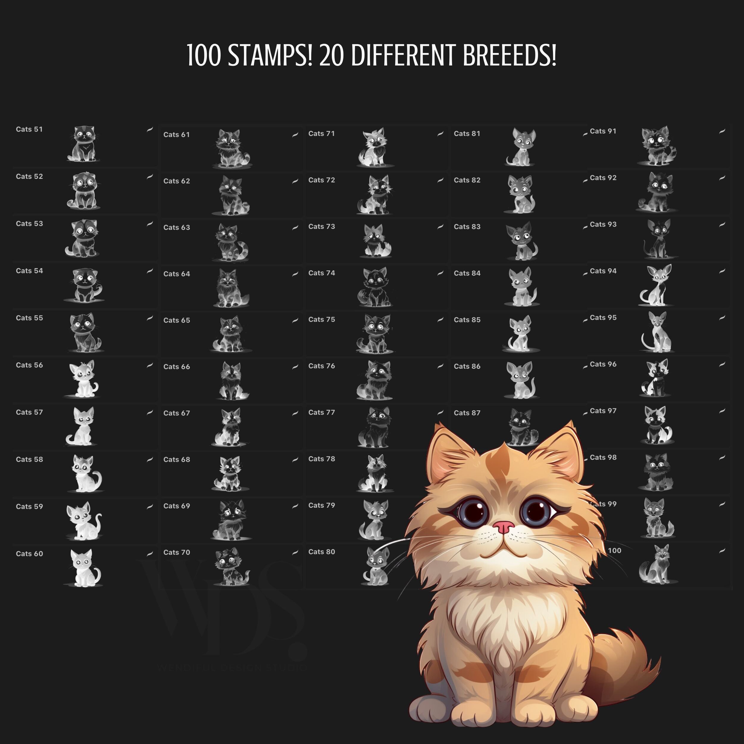 100 Cartoon Cats Procreate Stamps | Brushes | Cats | 20+ Different ...