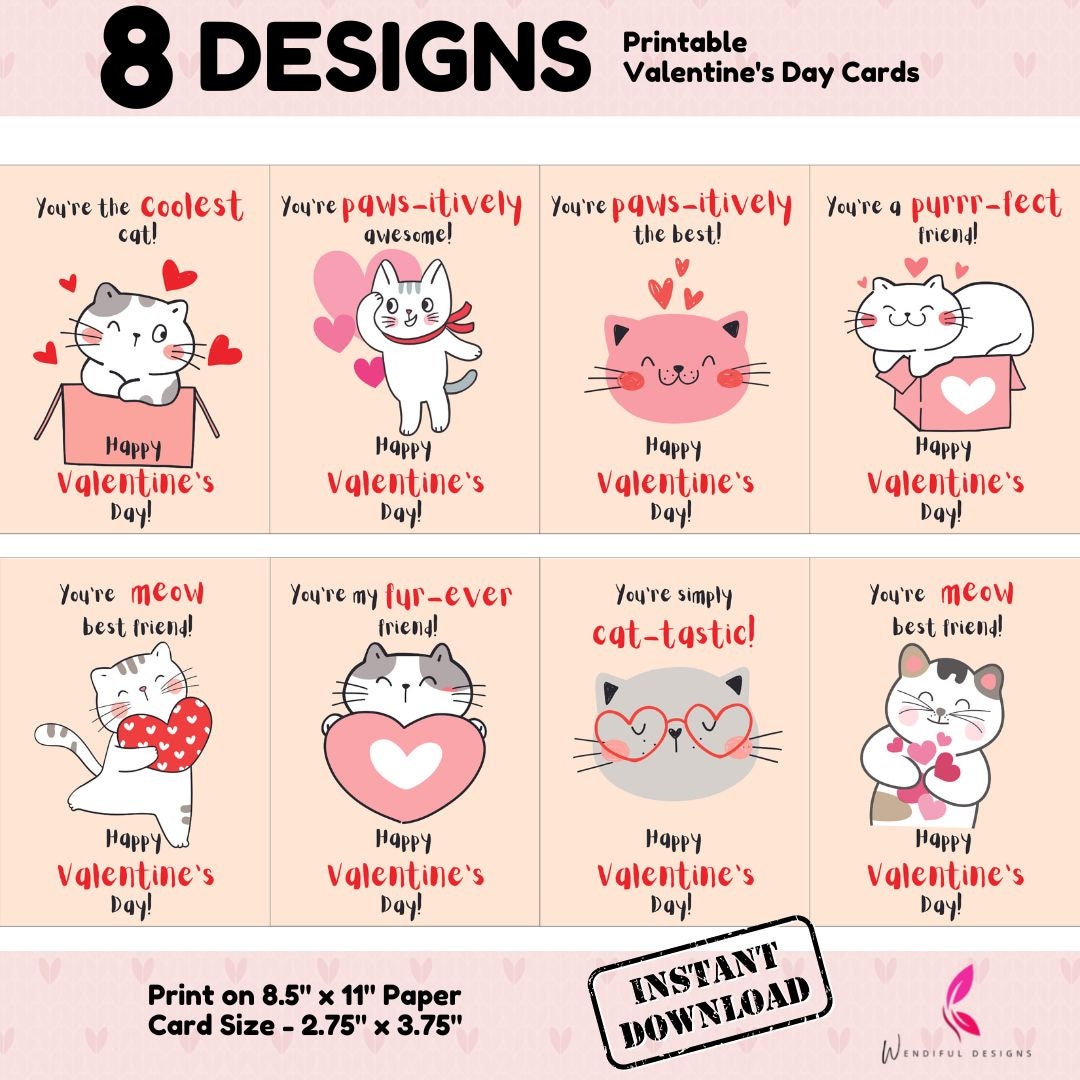 Cats Valentine Cards Printable Instant Download Kids Valentine's Day ...
