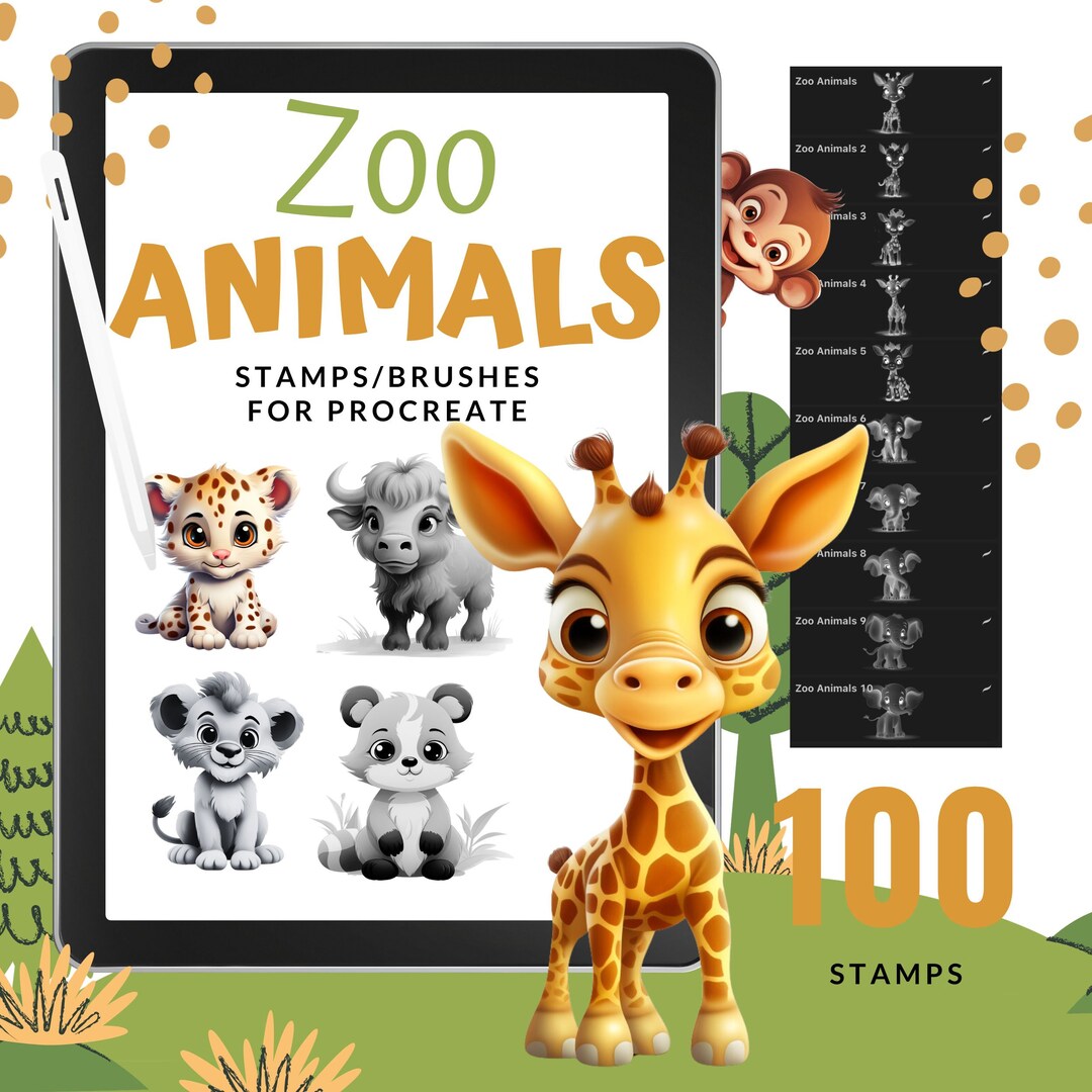 100 Zoo Animals Procreate Stamps | Brushes | Tigers | Lions | Pandas ...